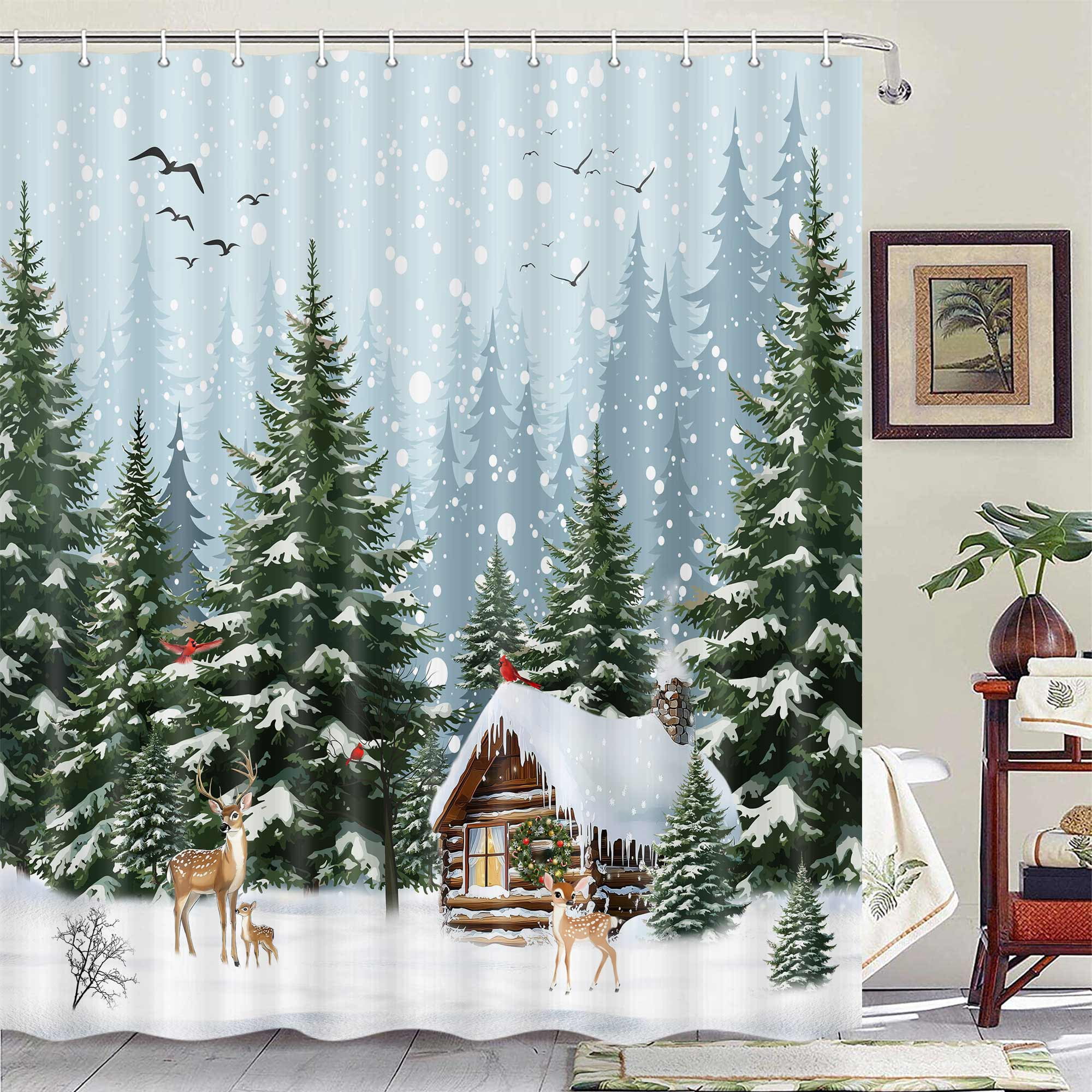 Winter Snowy Forest Shower Curtain 70X70 inch Pine Tree Cardinal Deer ...