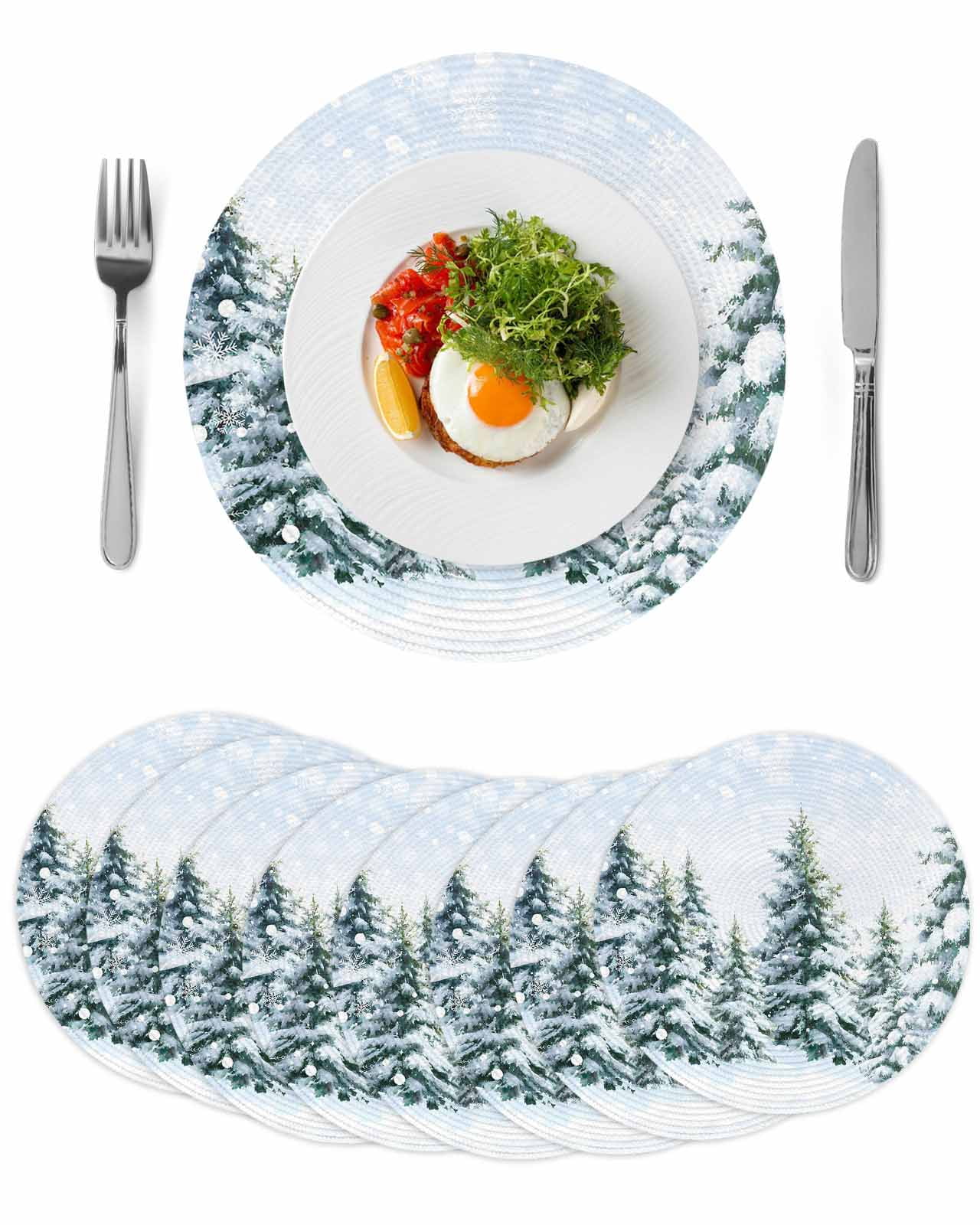 Winter Snowy Pine Forests Round Table Placemats set of 8, Blue White ...