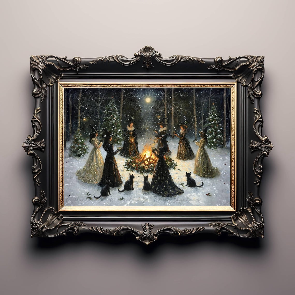 Winter Solstice Witches & Black Cats Wall Art, Magical Yuletide Bonfire ...