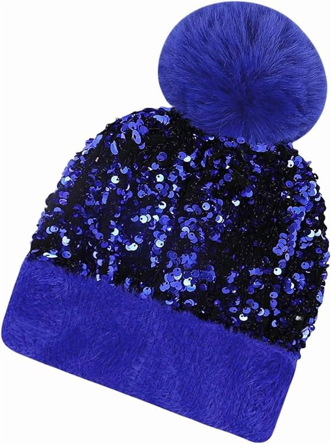 Winter Sparkly Sequin Fur Pom Beanie, Women Sequin Knitted Skull Cap ...