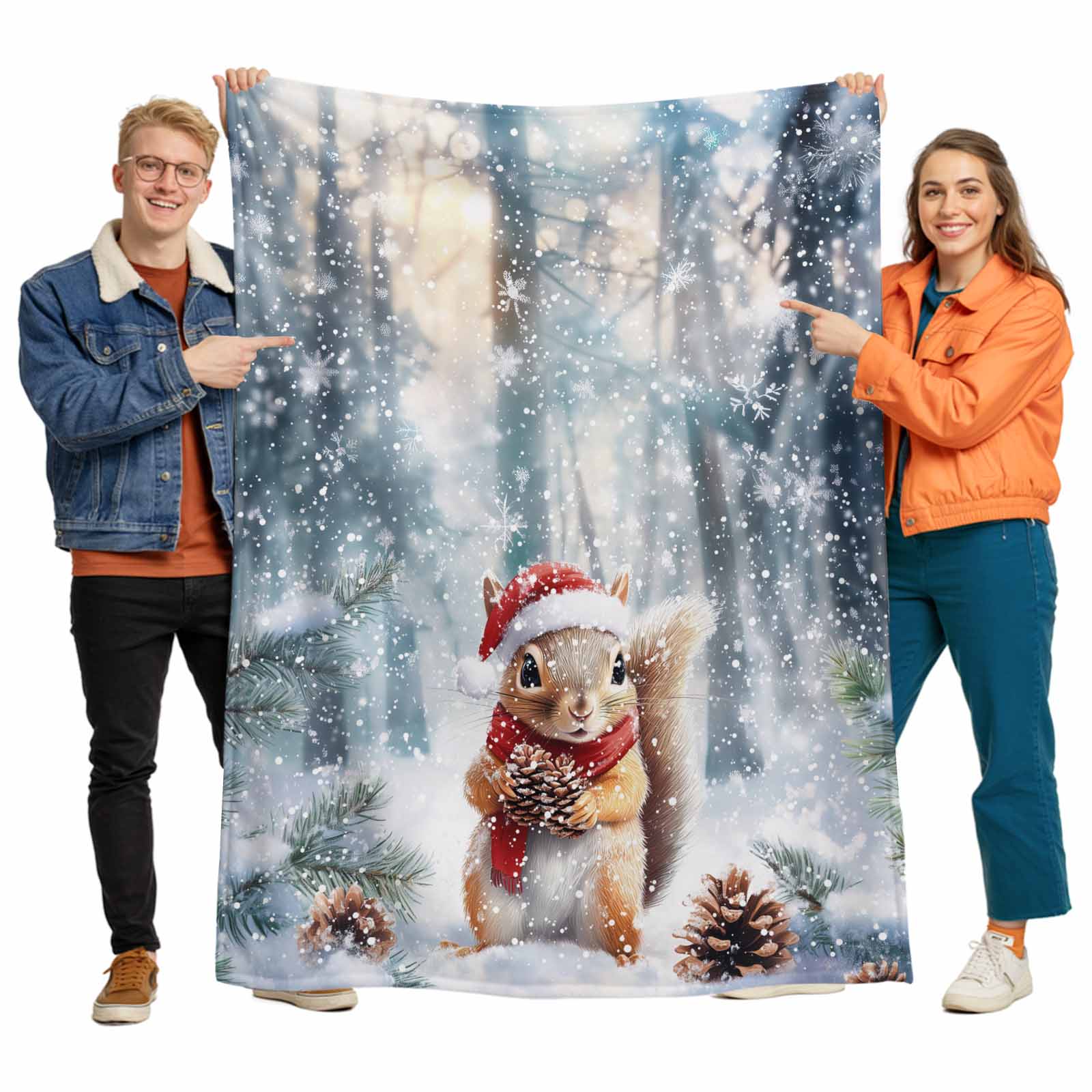 Winter Squirrels Pine Trees Throw Blanket Flannel Fleece Throws ...