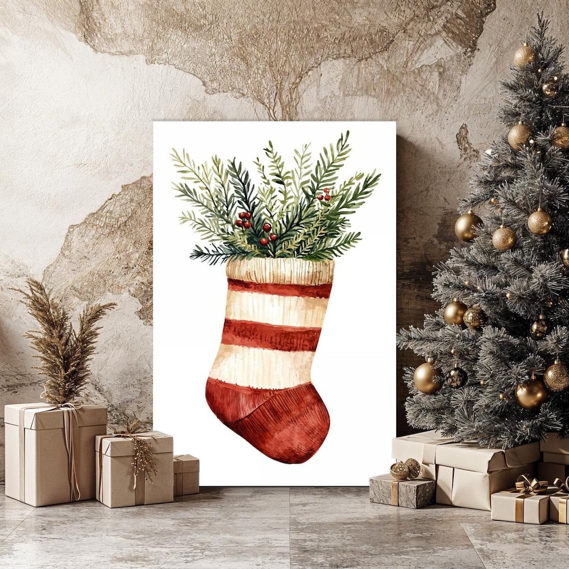 Winter Stocking With Greenery Wall Art Poster Wall Decor Festive Poster ...