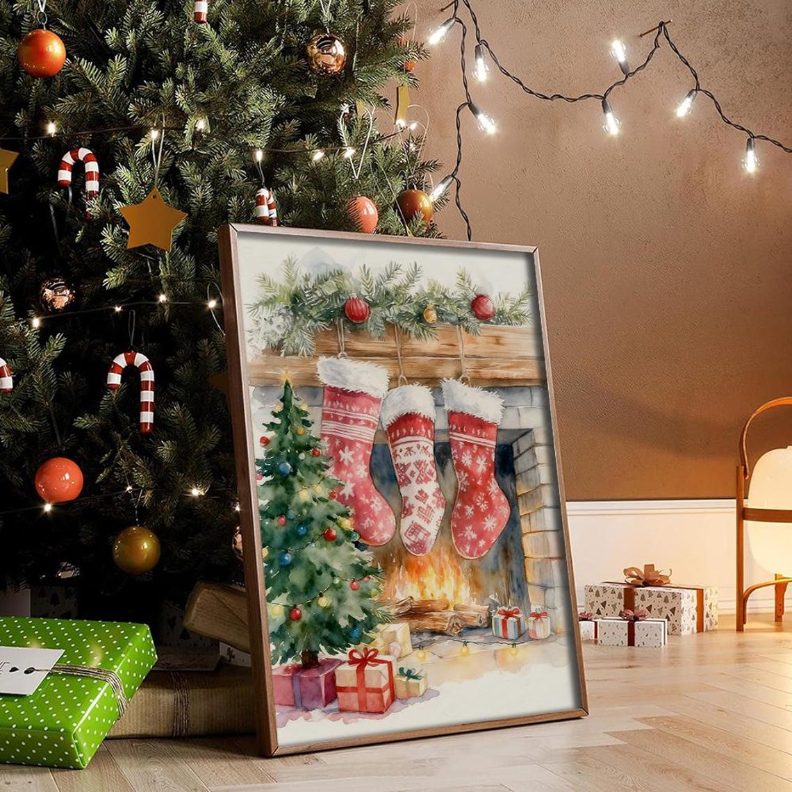 Winter Stockings Fireplace Art Festive Decor UNFRAMED Poster, Wall Art ...