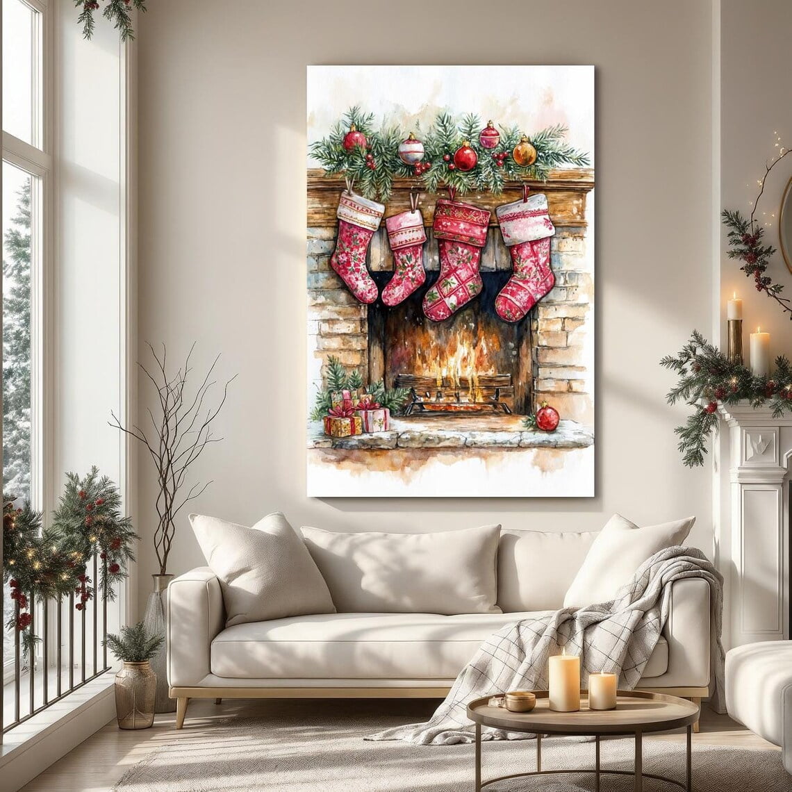 Winter Stockings Wall Art Cozy Fireplace Poster Wall Decor Winter ...