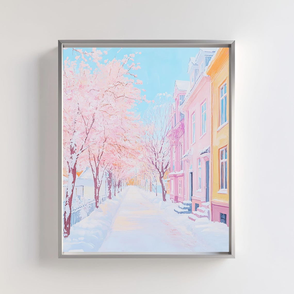 Winter Street Art, Pastel Cityscape With Snowy Pink Tree, Serene Winter ...