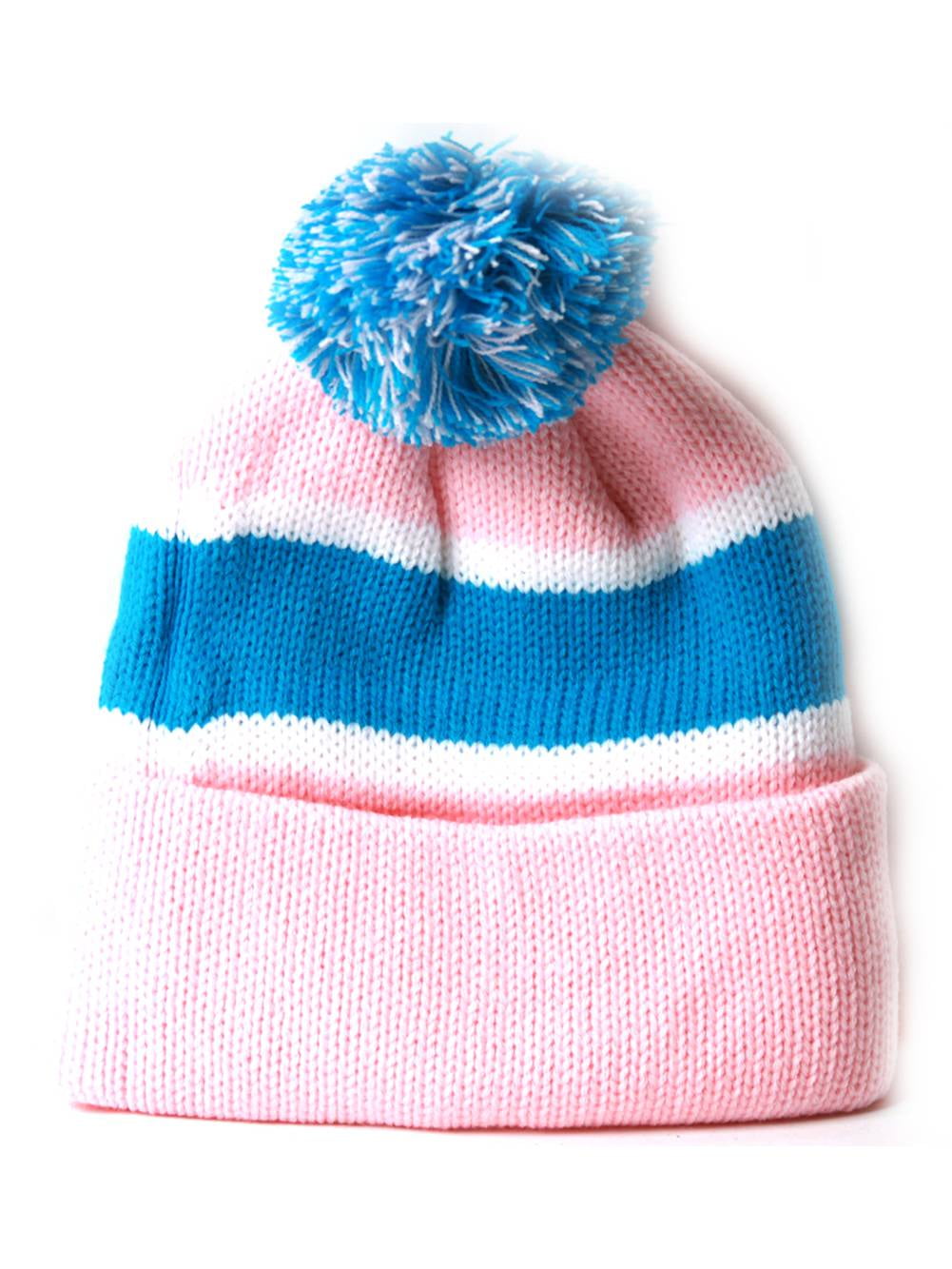 Winter Striped Beanie with Pom - Light Pink/Turquoise - Walmart.com