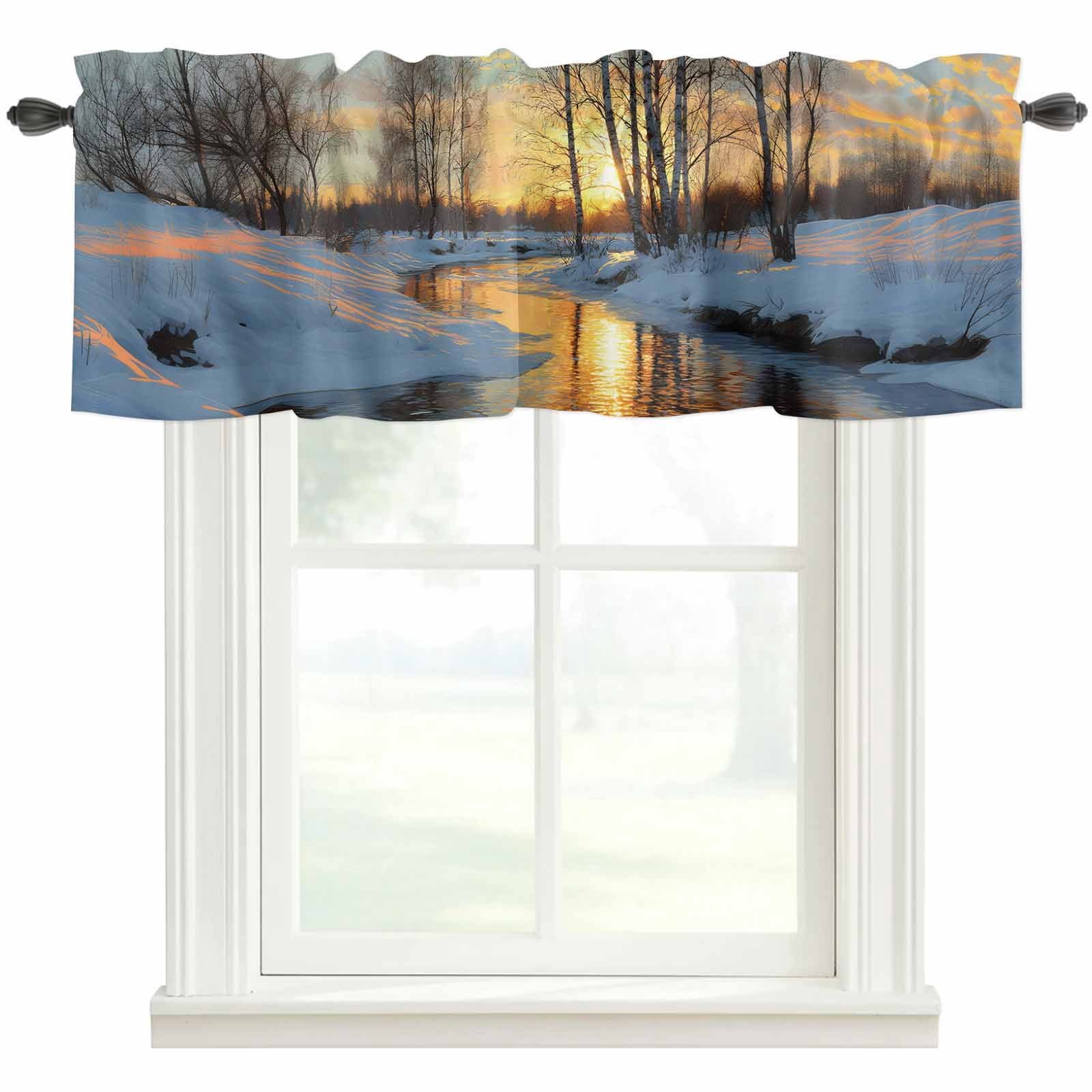 Winter Sunset Rod Pocket Curtain Valance, Nature Forest Snow Landscapes ...