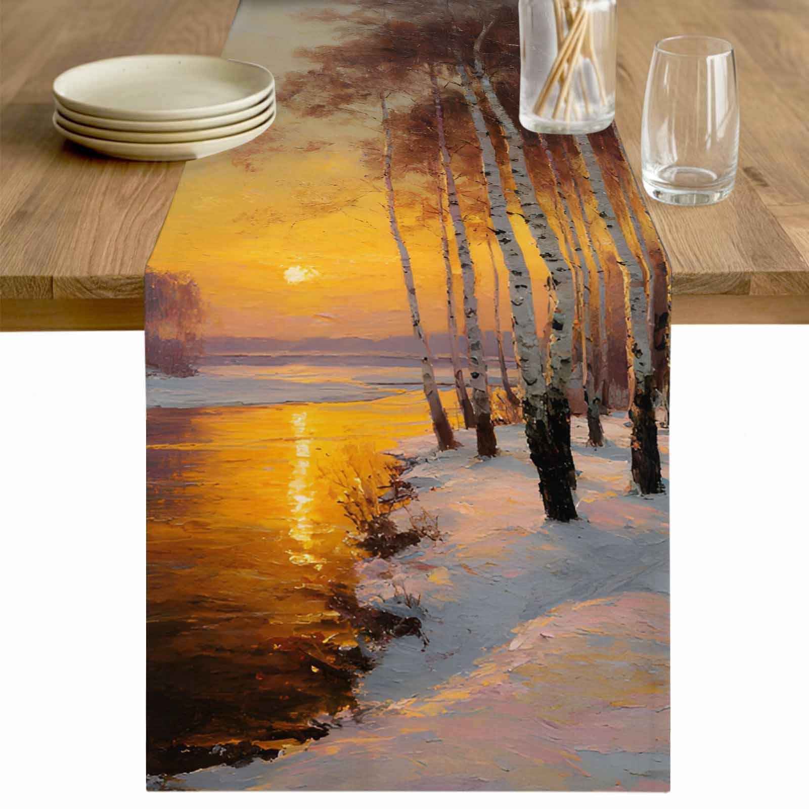 Winter Sunset Table Runner - 120 Inch Long Nature Snow Forest ...