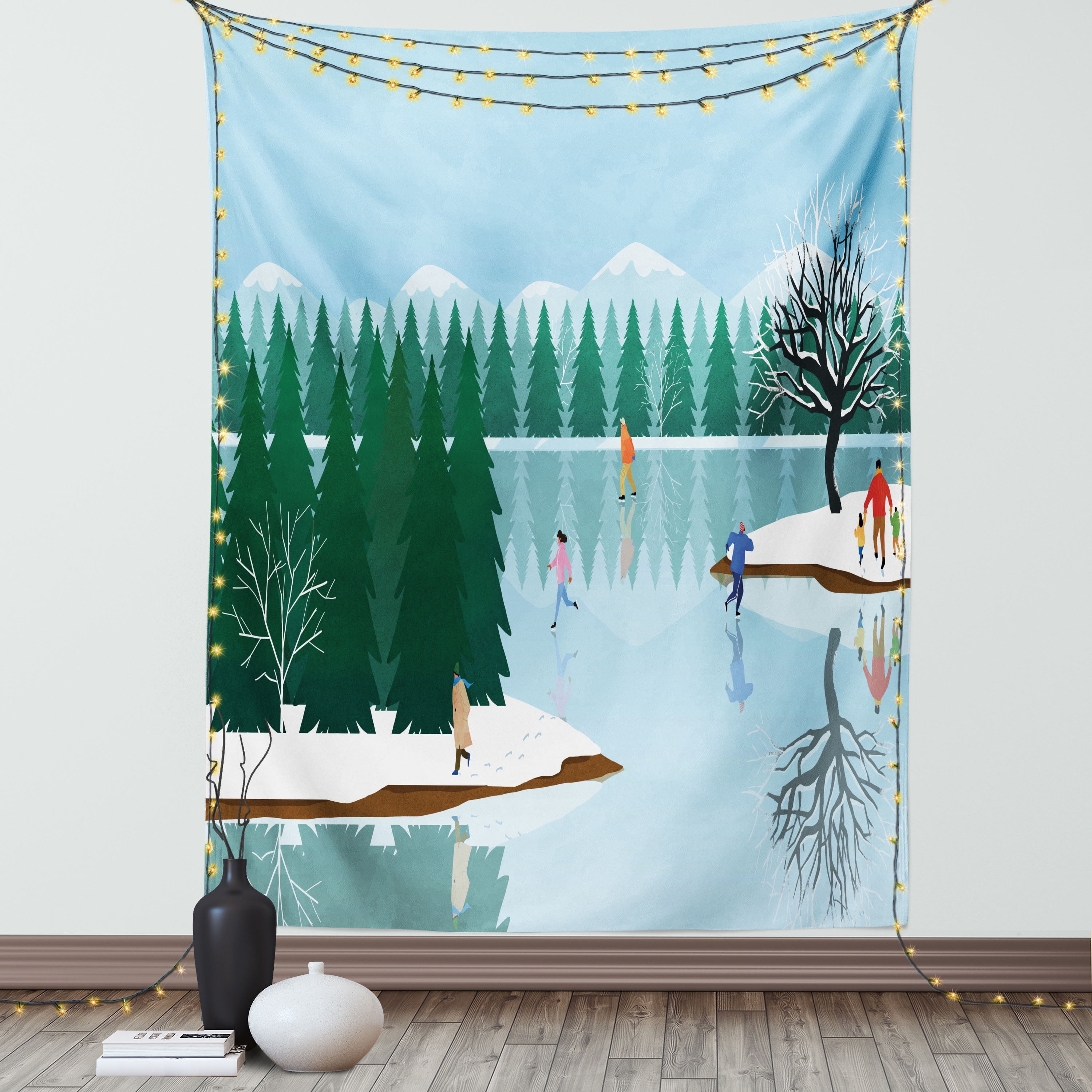 Winter Tapestry, Frozen Lake Christmas Holiday Ice Skating Illustration ...