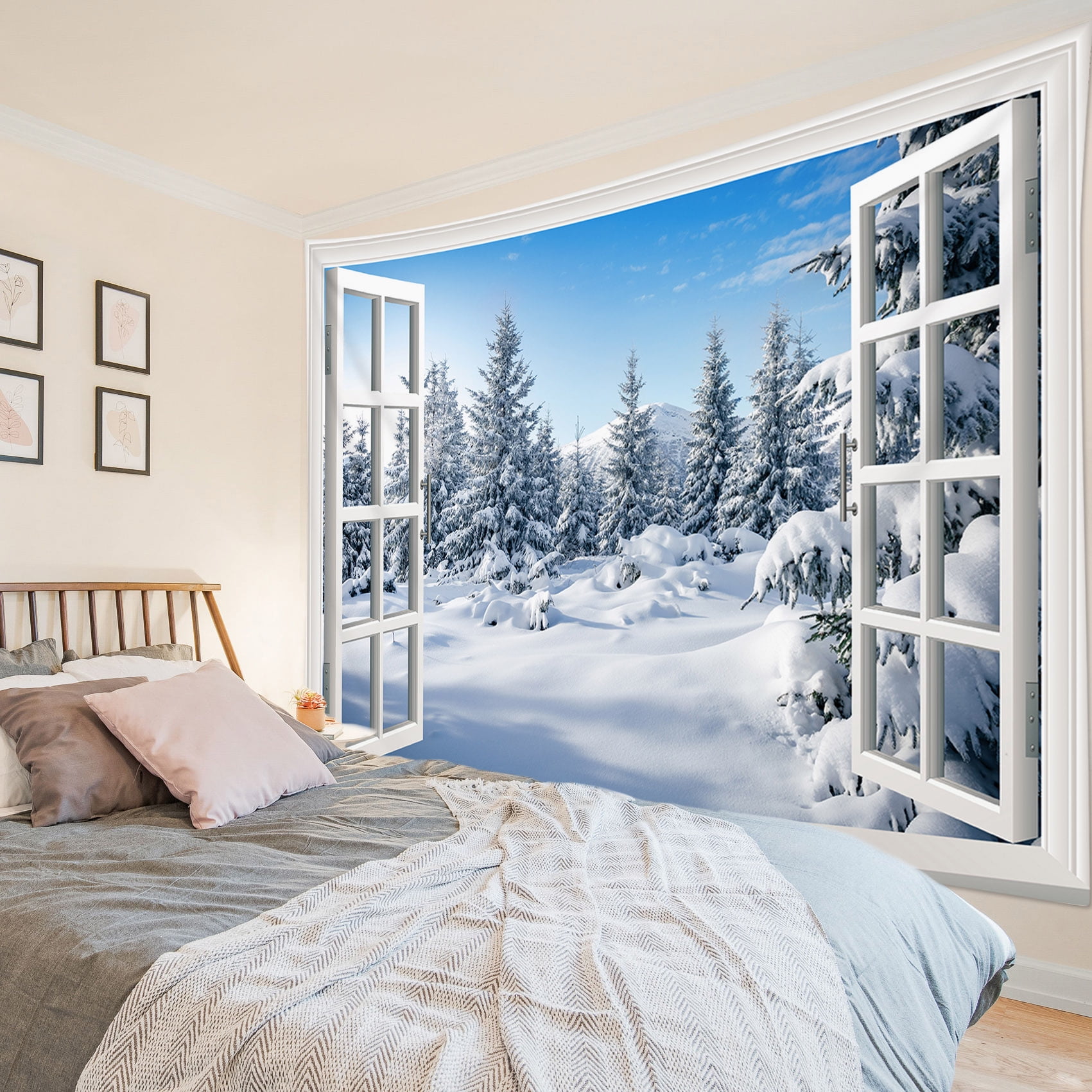 Winter Tapestry Window Outside Snow Covered Pine Tree and Snowy ...