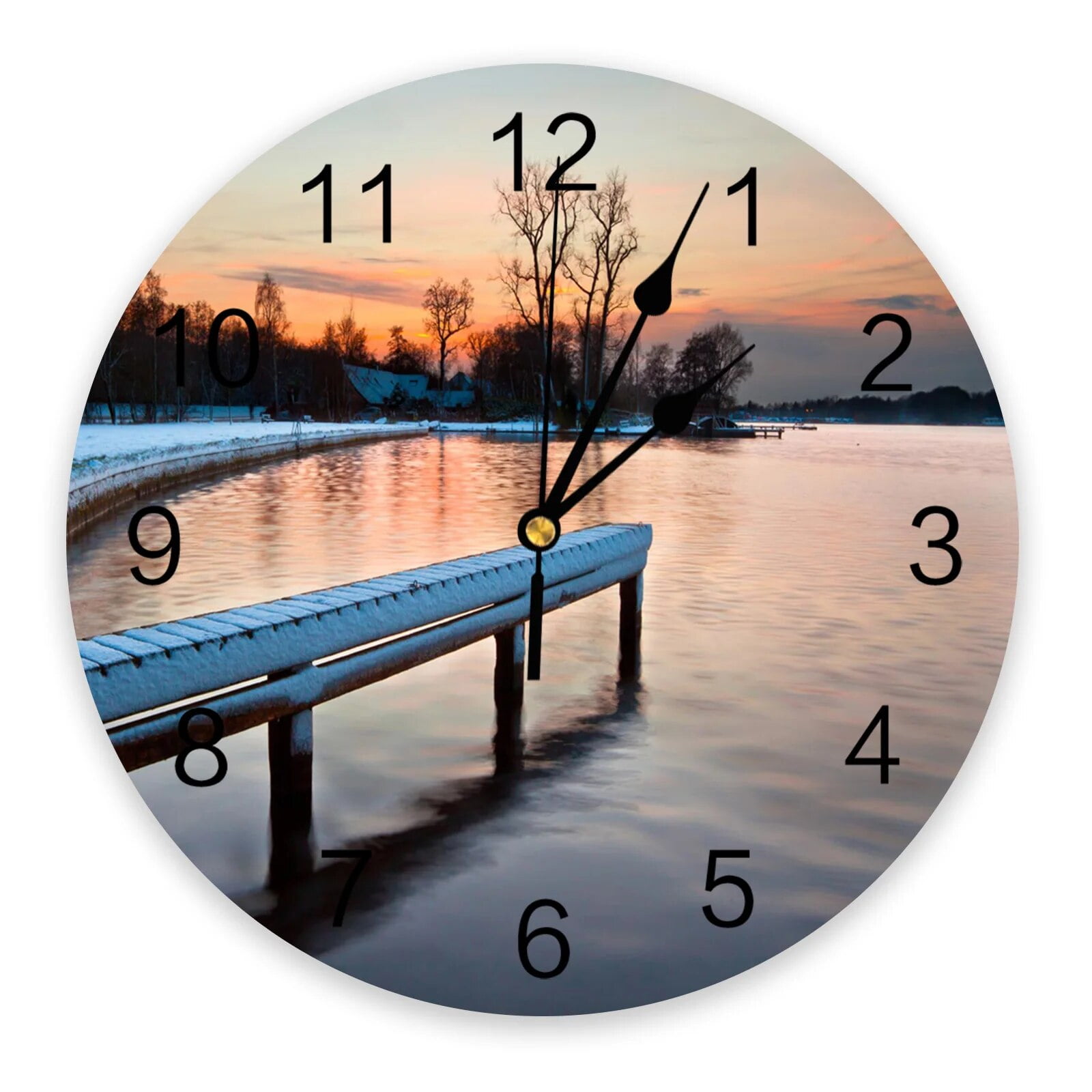 Winter Theme Lake Sunset PVC Wall Clock Modern Design Living Room ...