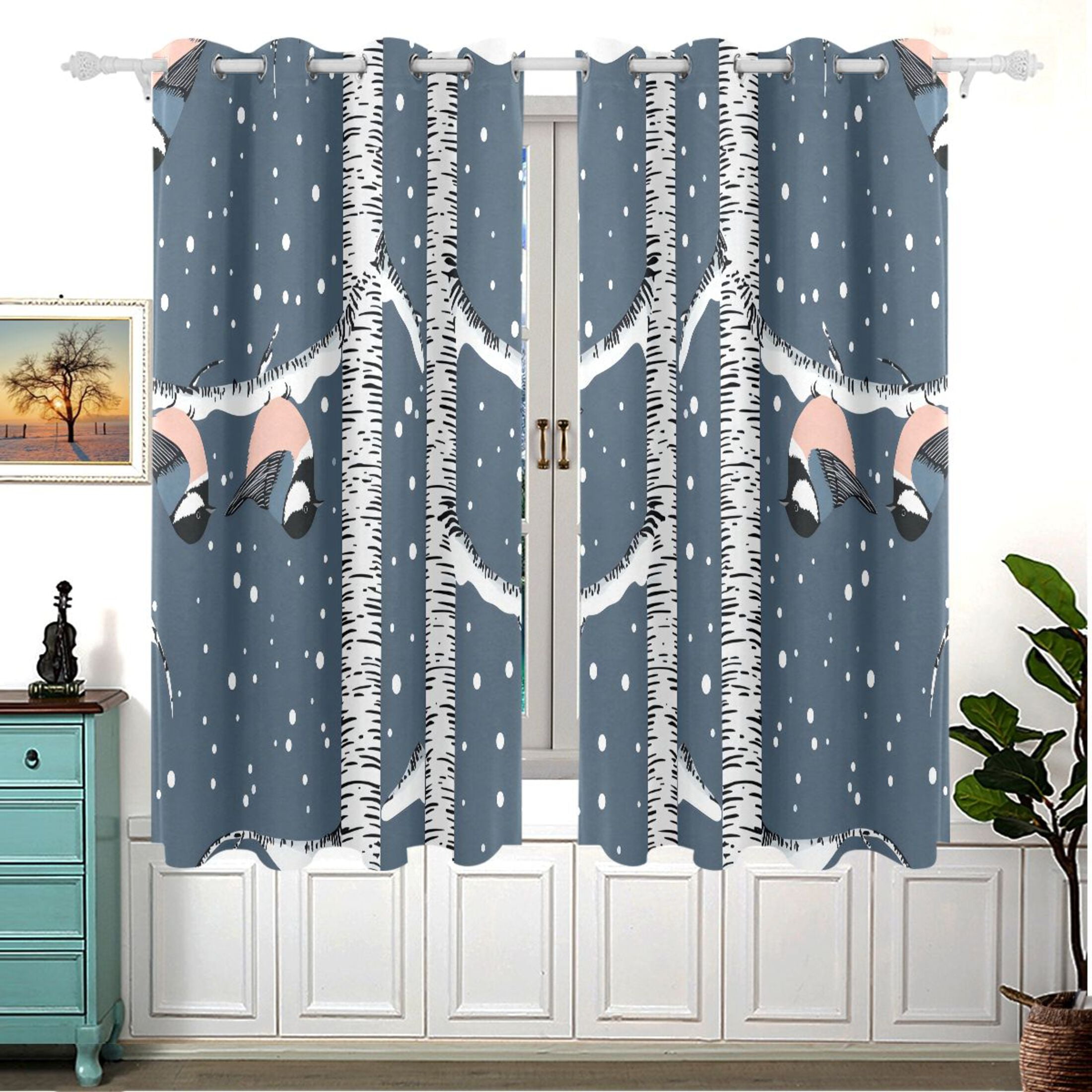Winter Themed Trees and Birds 63x55in Window Curtain Panels 63x55in 2 ...