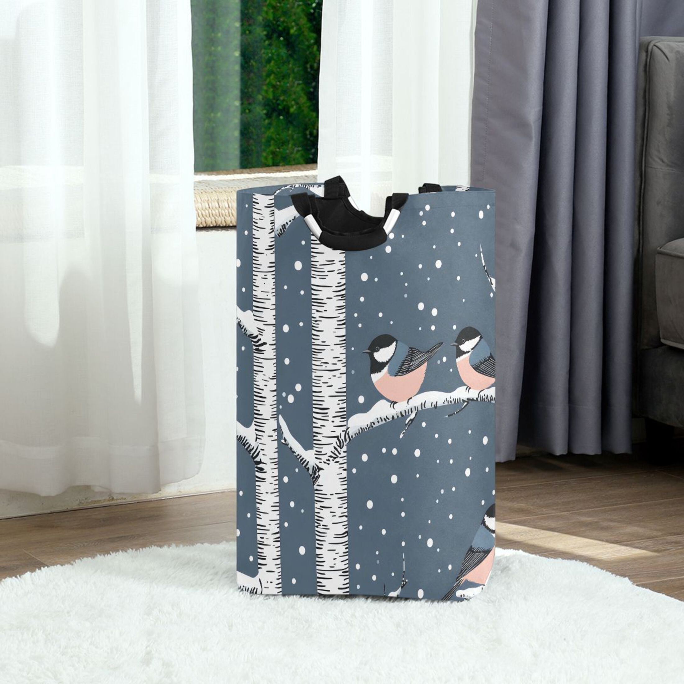 Winter Themed Trees and Birds Foldable Laundry Hamper 12.6x11x22.7in ...