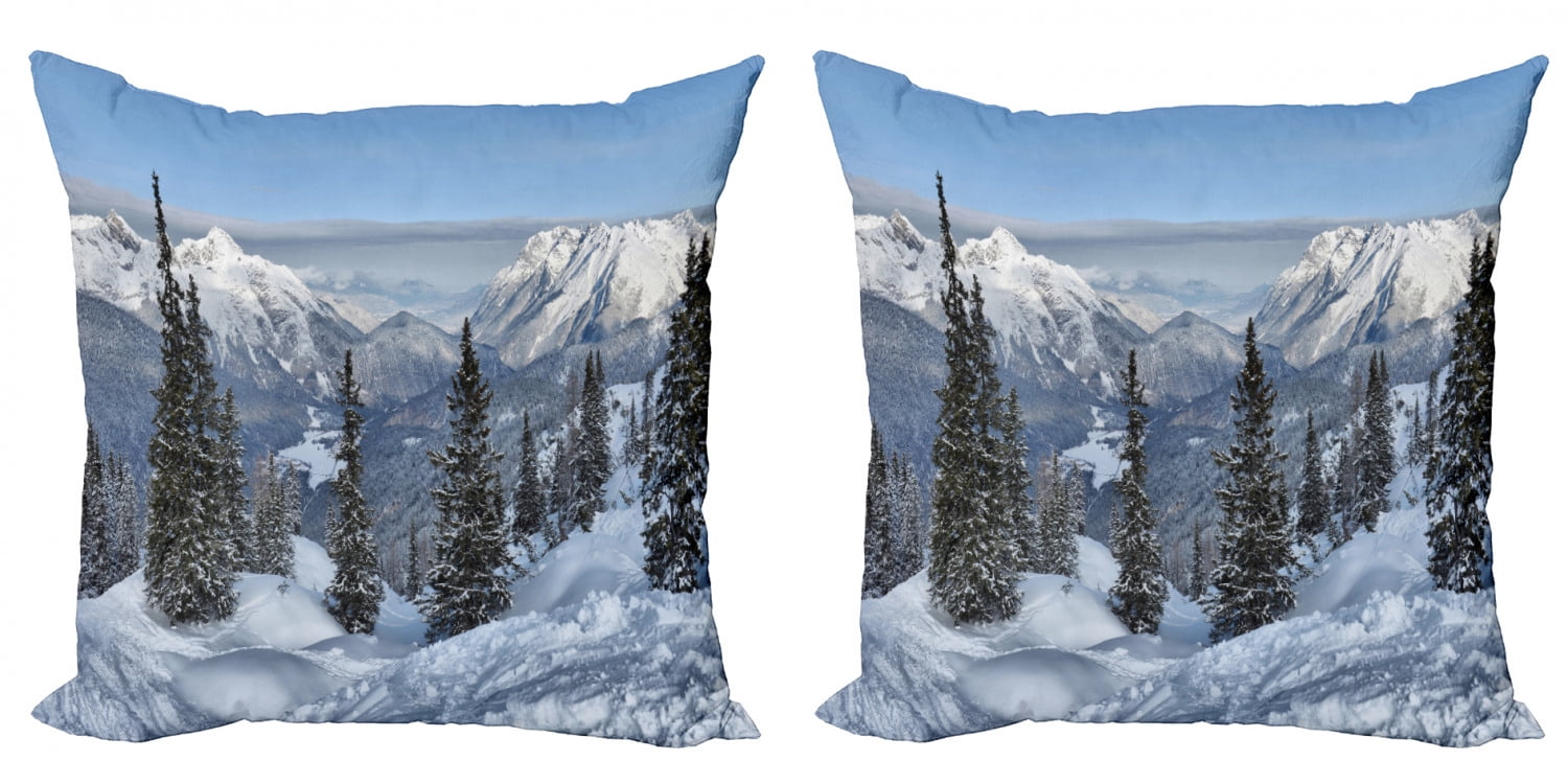 Ambesonne Winter Throw Pillow Cover 2 Pack, Woodland Snowy Mountain, 16 ...