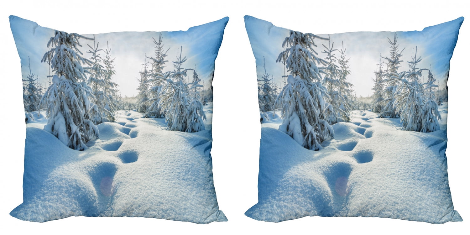Ambesonne Winter Throw Pillow Cover 2 Pack, Blue Sky Tree Footprints ...