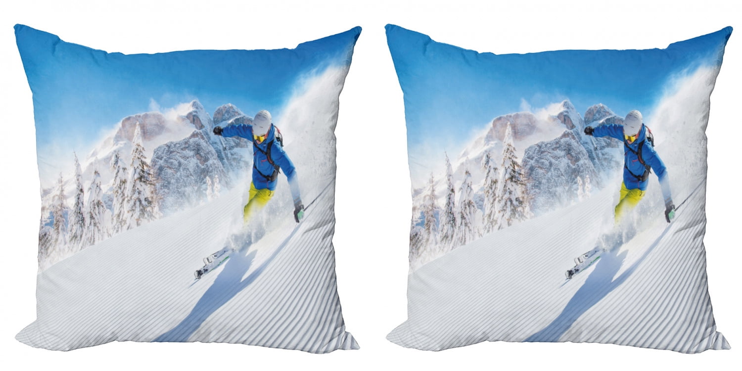 Ambesonne Winter Throw Pillow Cover 2 Pack, Skiing Extreme Sports, 24 ...