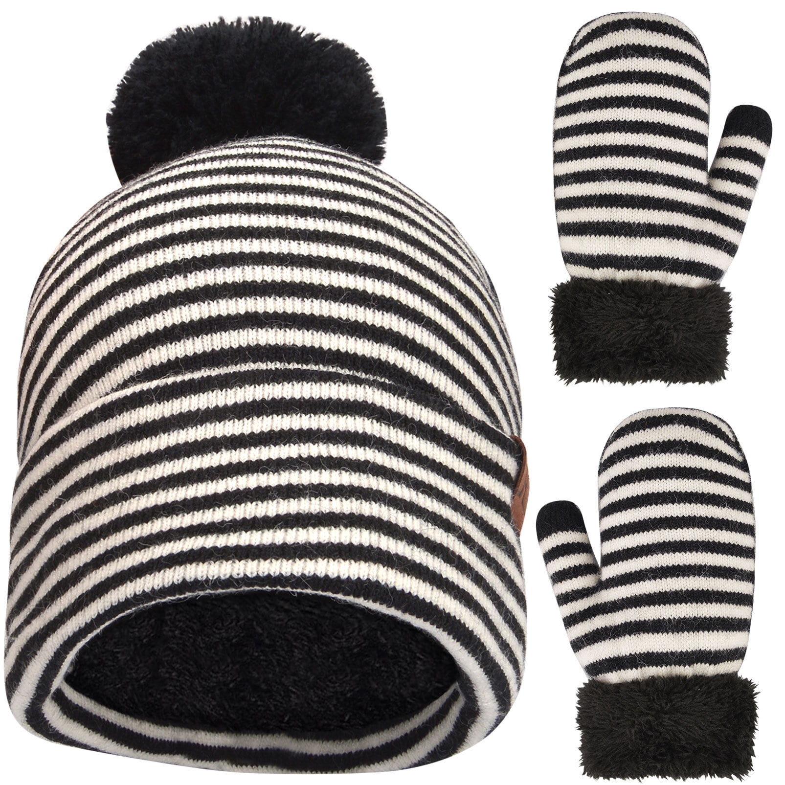 Winter Toddler Pom Beanie Hat and Mittens Gloves Set Warm Knit Fleece ...
