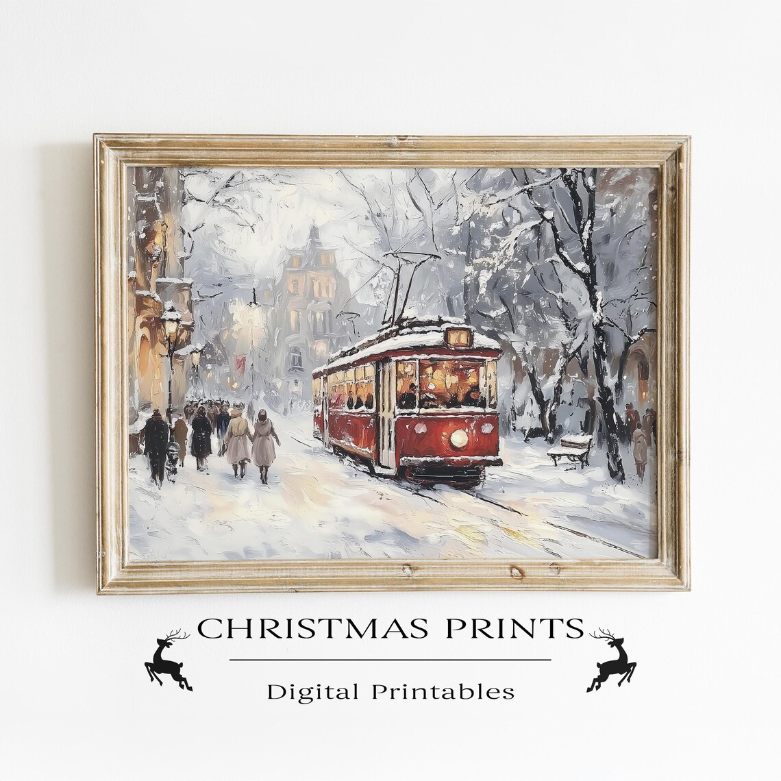 Winter Tram Scene Poster Wall Art, Vintage Snowy Street Illustration ...