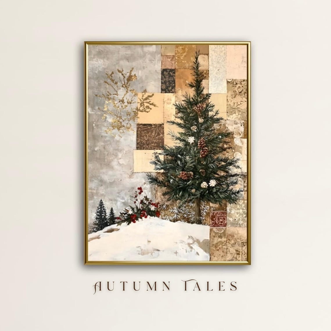 Winter Tree And Holly Berries Poster, Abstract Cozy Rustic Printable ...