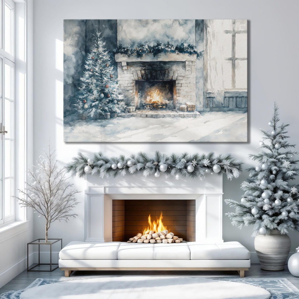 Winter Tree By Cozy Fireplace Wall Art Festive Garland Poster ...
