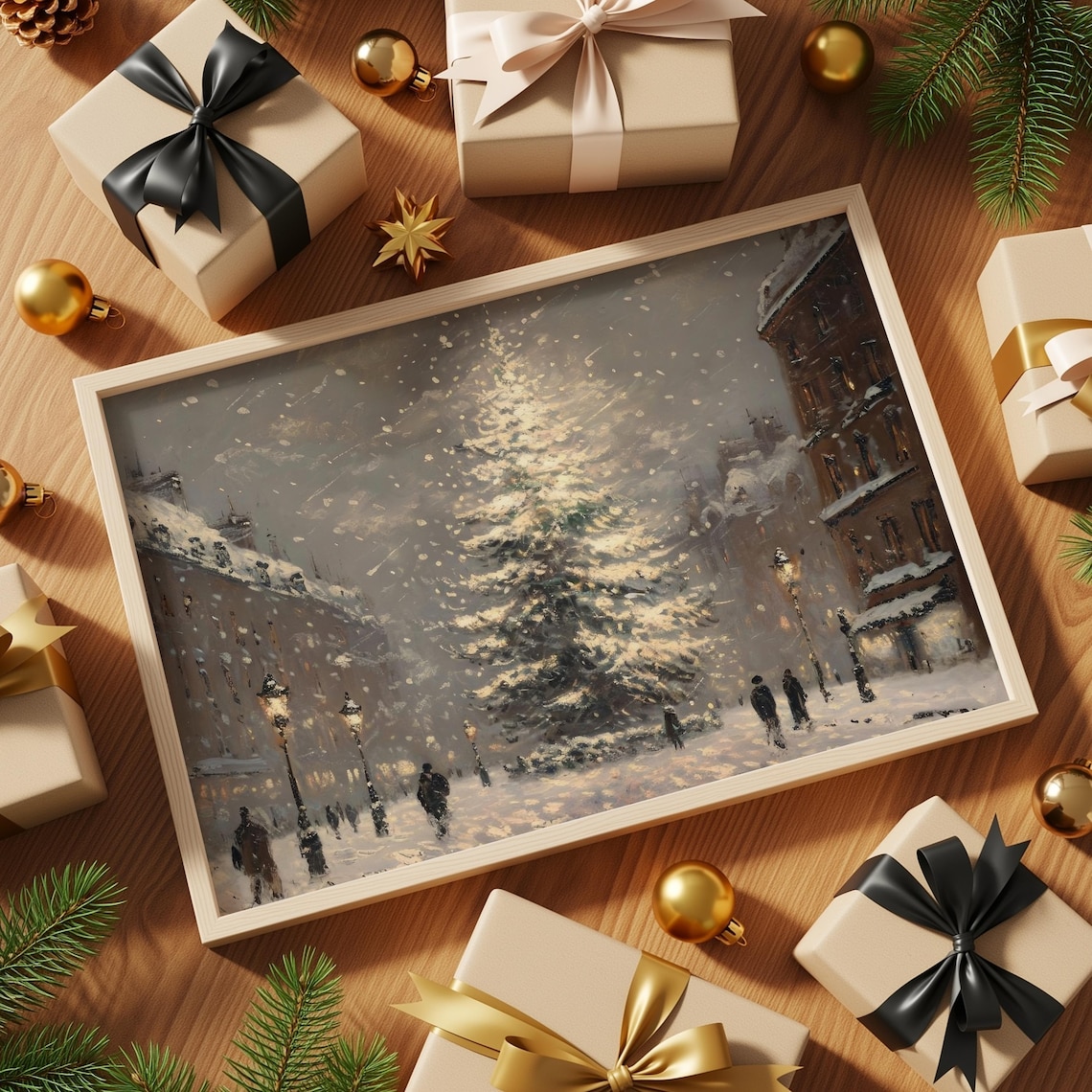 Winter Tree City Scene Poster Wall Art, Snowy Street Illustration ...