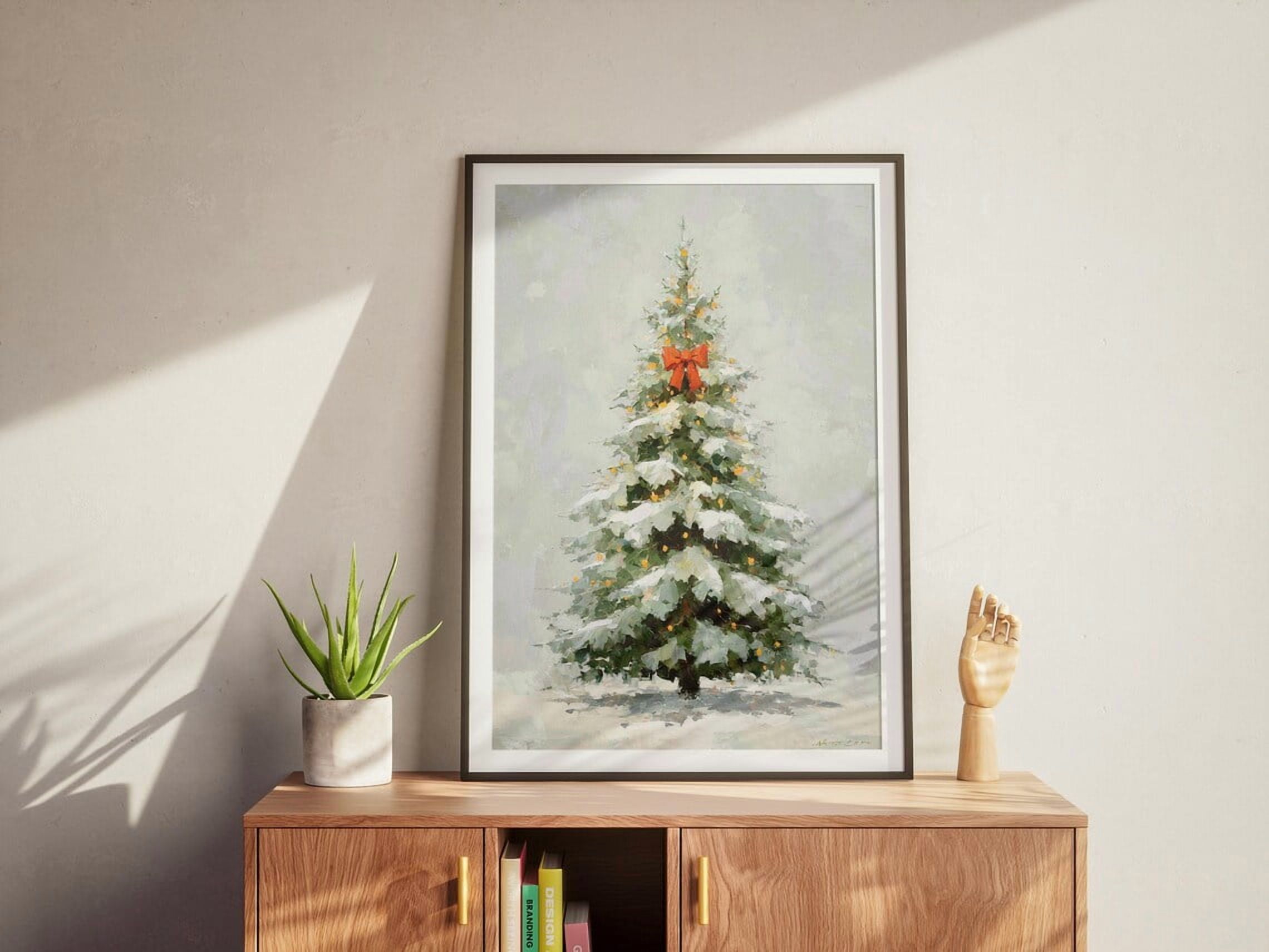 Winter Tree Wall Art, Snowy Fir Tree With Red Bow Print, Winter Living ...