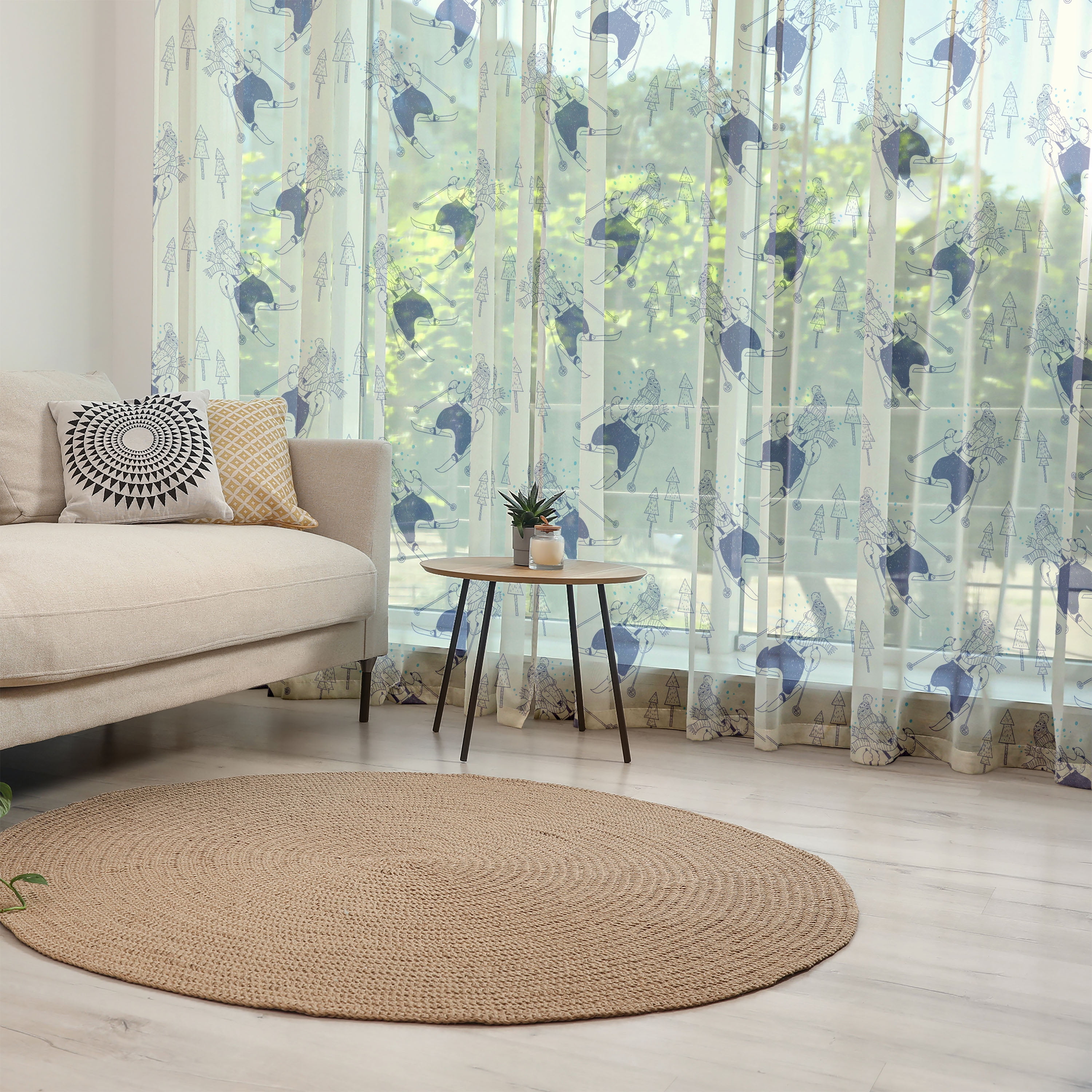 Winter Tulle Curtains with Rod Pocket, Hand Drawn Style Happy Animal ...