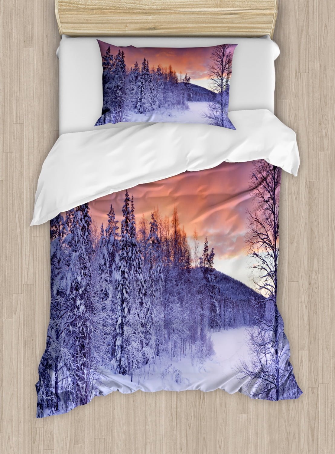 Winter Twin Size Duvet Cover Set, Frozen River in a Wintry Landscape ...
