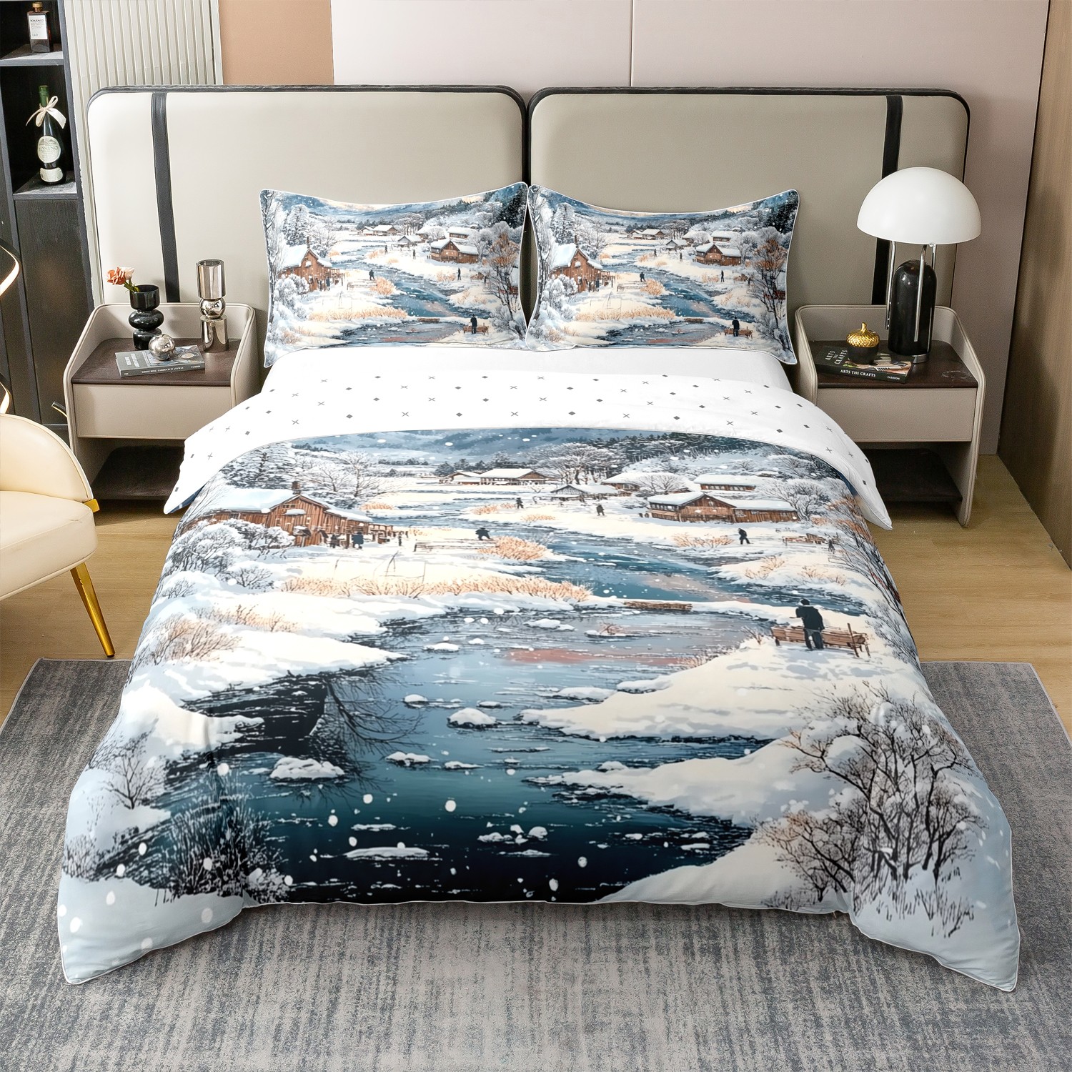 Winter Village 100% Cotton Duvet Cover(No Comforter),Rustic Cabin ...