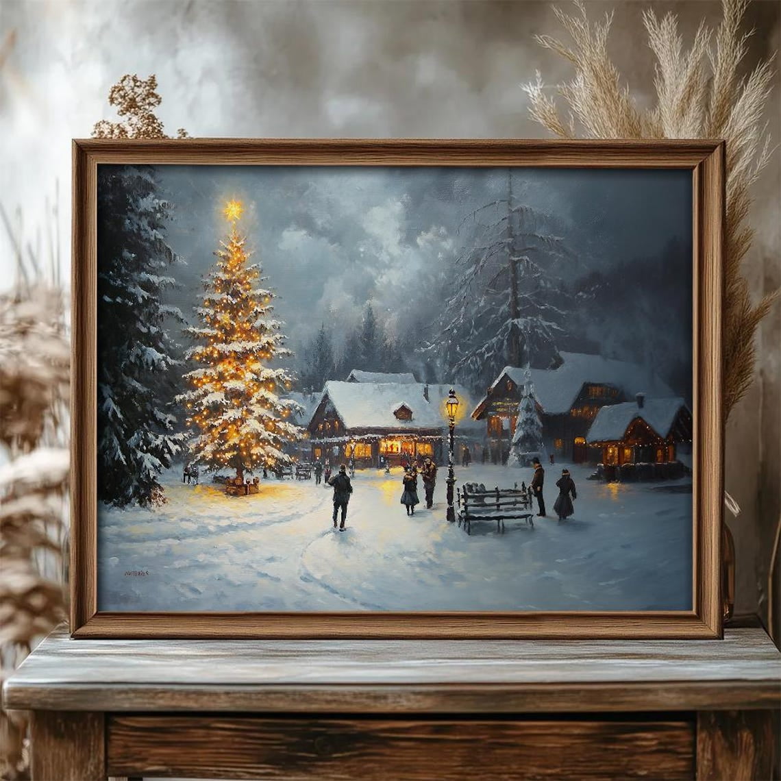 Winter Village Art Cozy Winter Cottage Landscape Warm Present Vintage ...
