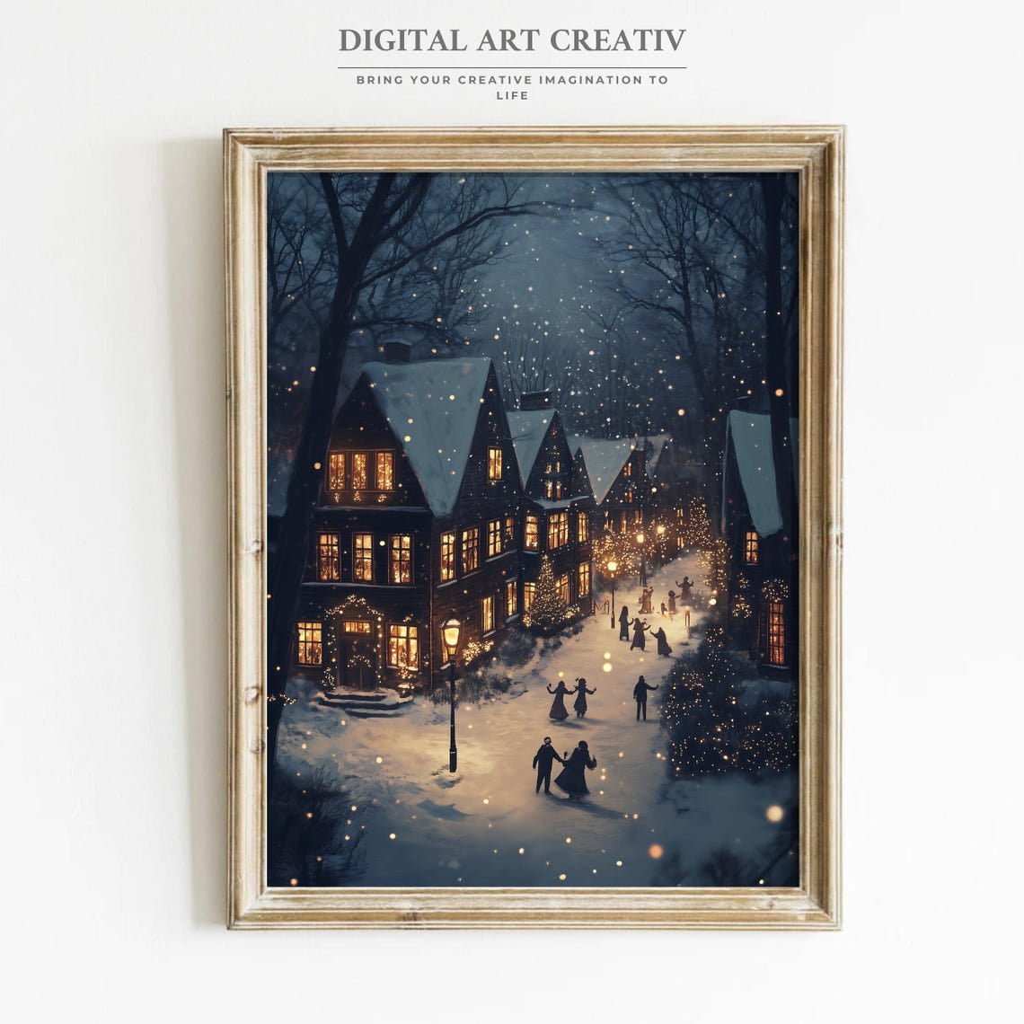 Winter Village Art Print Cozy Town Scene Poster Festive Street House ...