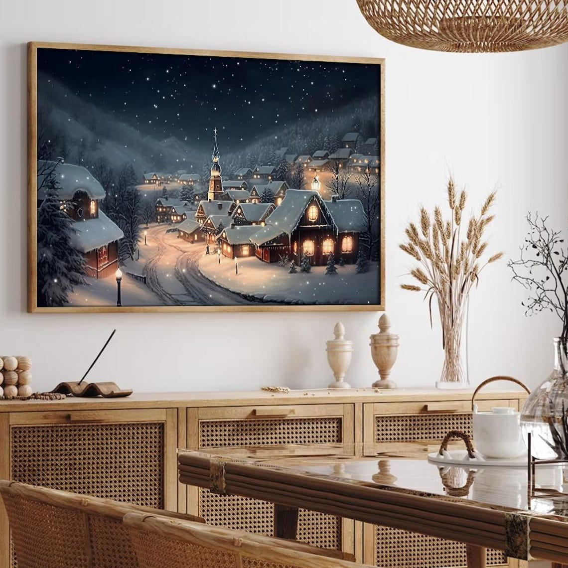Winter Village Art Snowy Night Cabin Scene Decor Warm Present Vintage ...