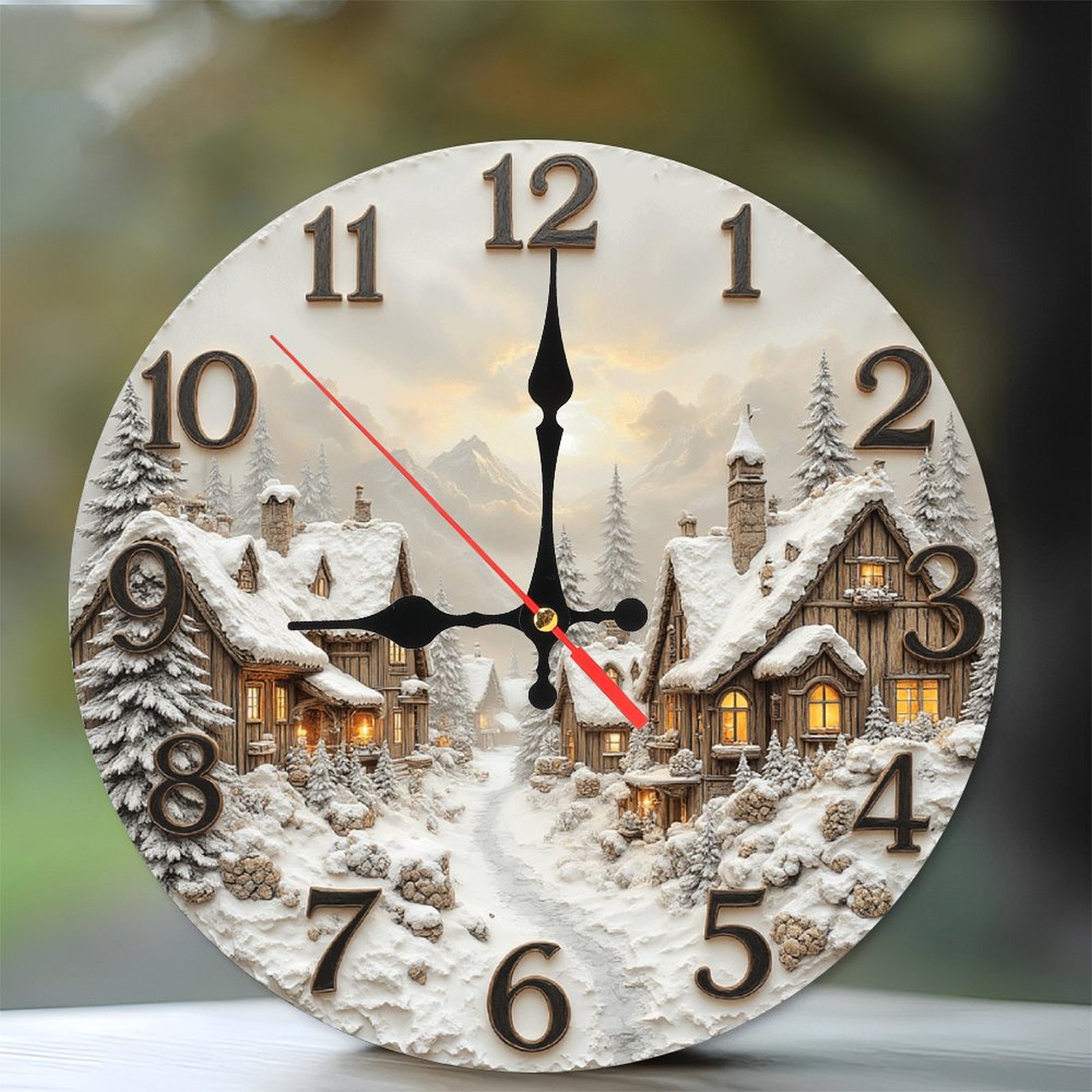 Winter Village Cabin Clock Wall Decor 10-Inch Silent Wooden Wall Clock ...