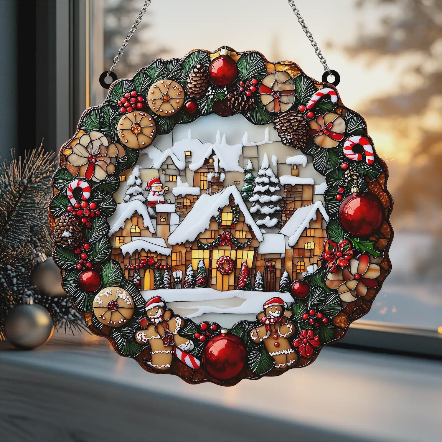 Winter Village Faux Stained Glass Suncatcher And Ornament, Acrylic ...