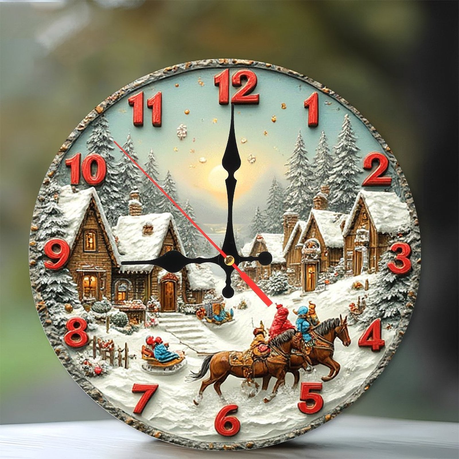 Winter Village Horse Drawn Sleigh Clock 10-Inch Silent Wooden Wall ...