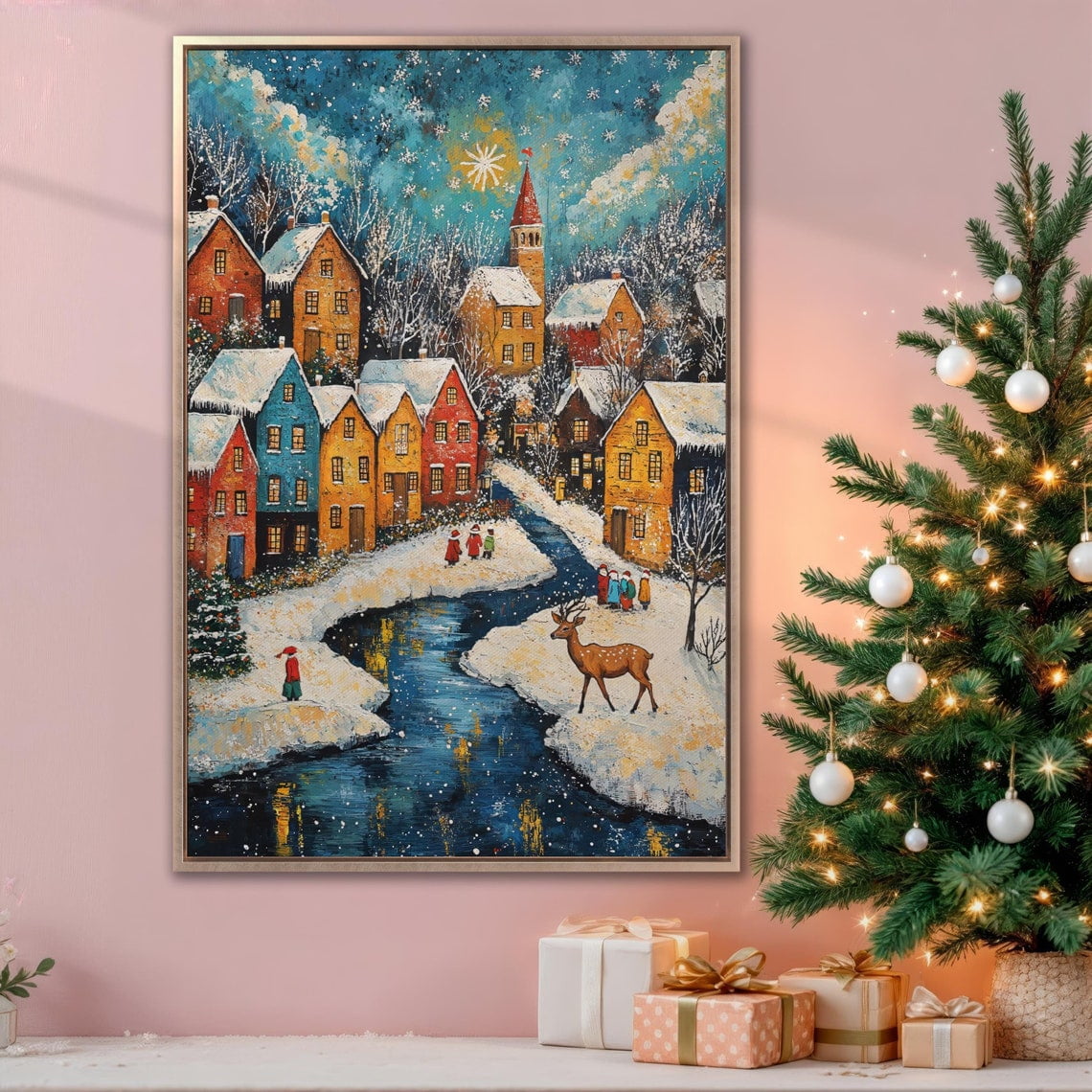 Winter Village Poster Starry Night Wall Art Colorful Cottages Poster ...