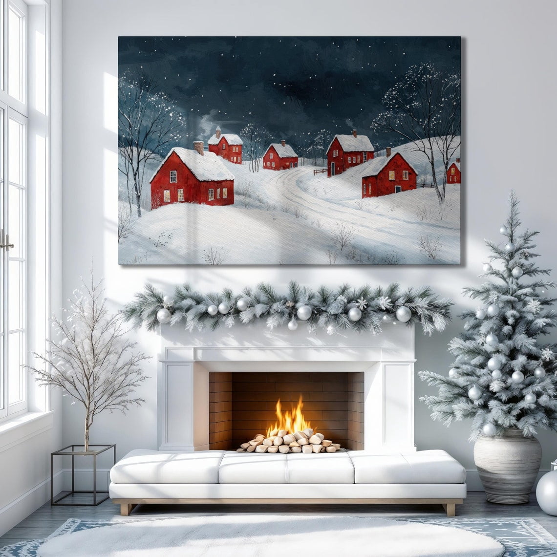 Winter Village Red Houses Wall Art Night Snowy Landscape Poster ...