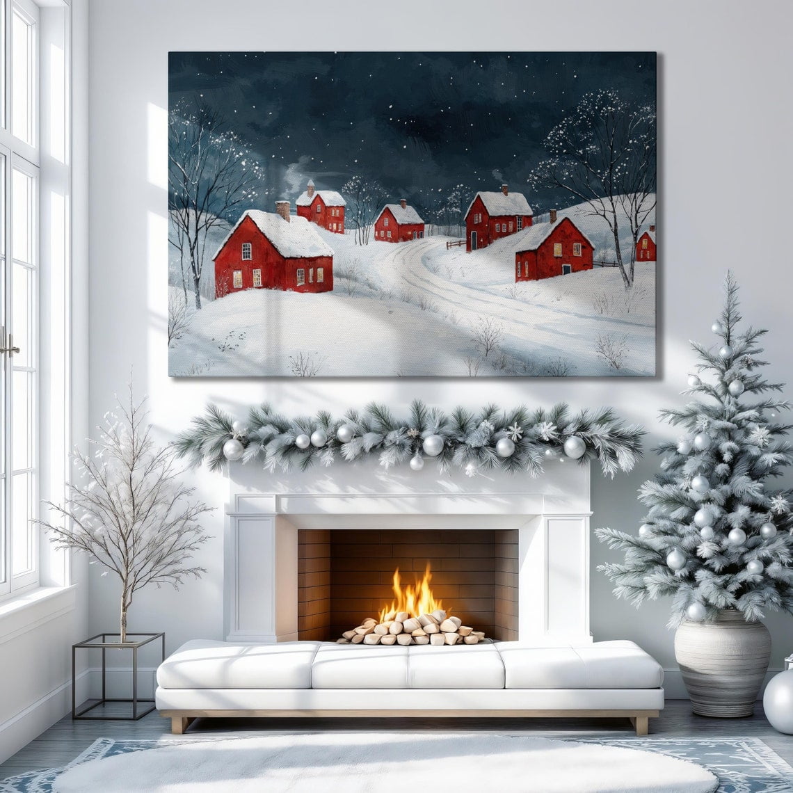 Winter Village Red Houses Wall Art Night Snowy Landscape Print Cottages ...