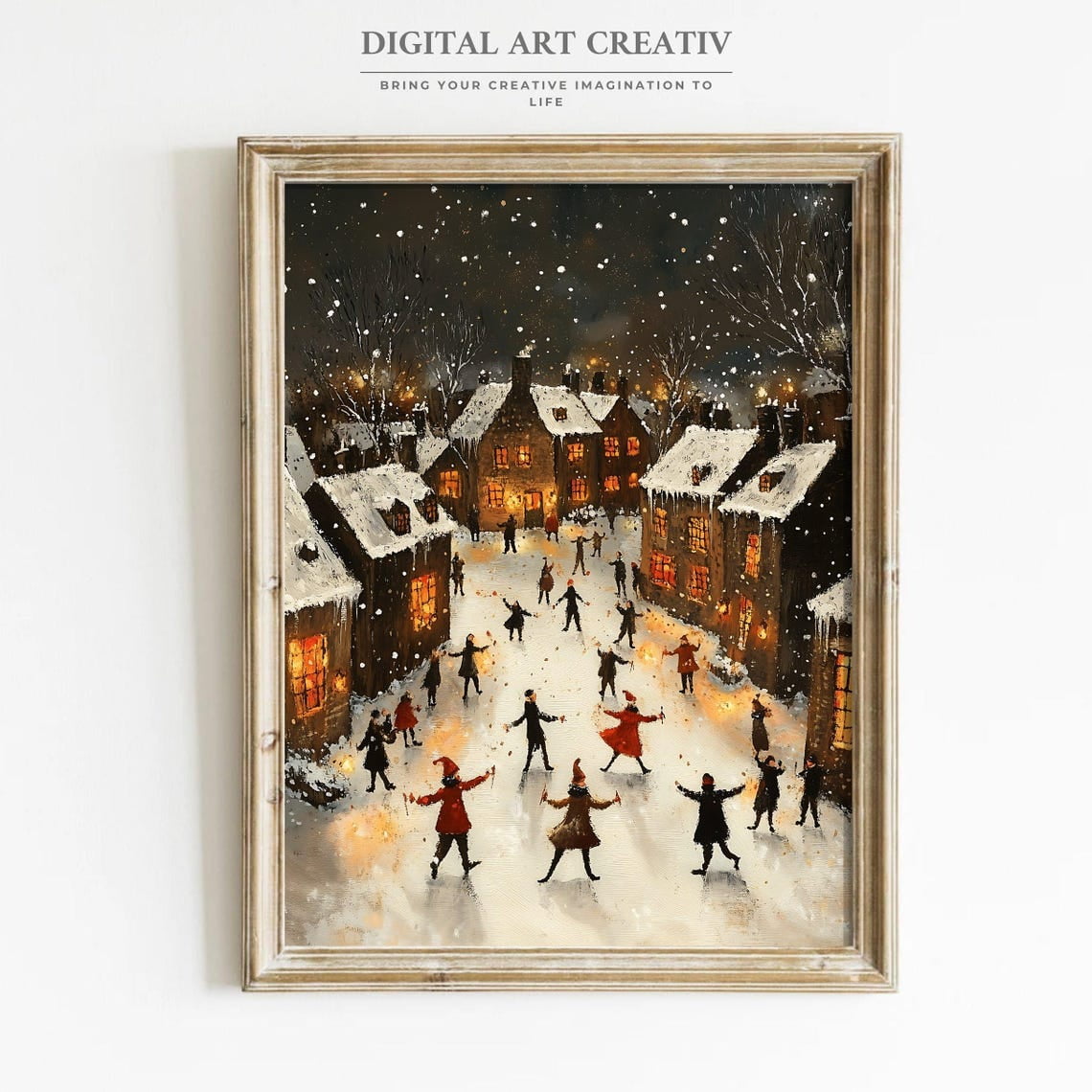 Winter Village Scene Art Print Cozy Poster Rustic Festive Design ...