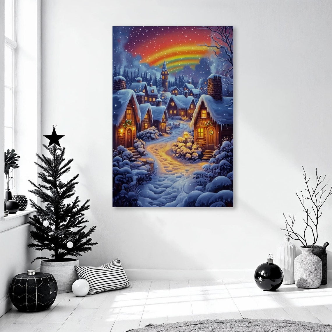 Winter Village Scene Wall Art Magical Landscape Print Snowy Festive ...
