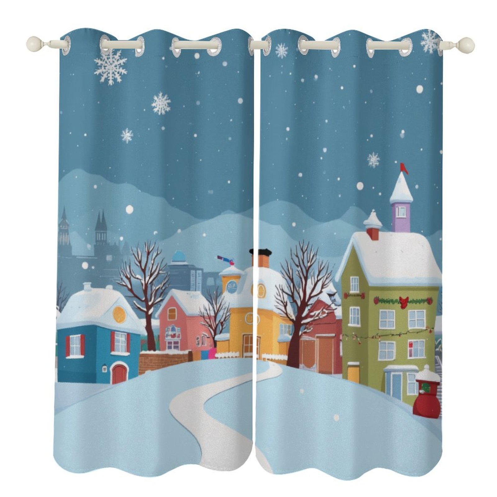 Winter Village Snow Scene Blackout Window Curtains for Bedroom Living ...