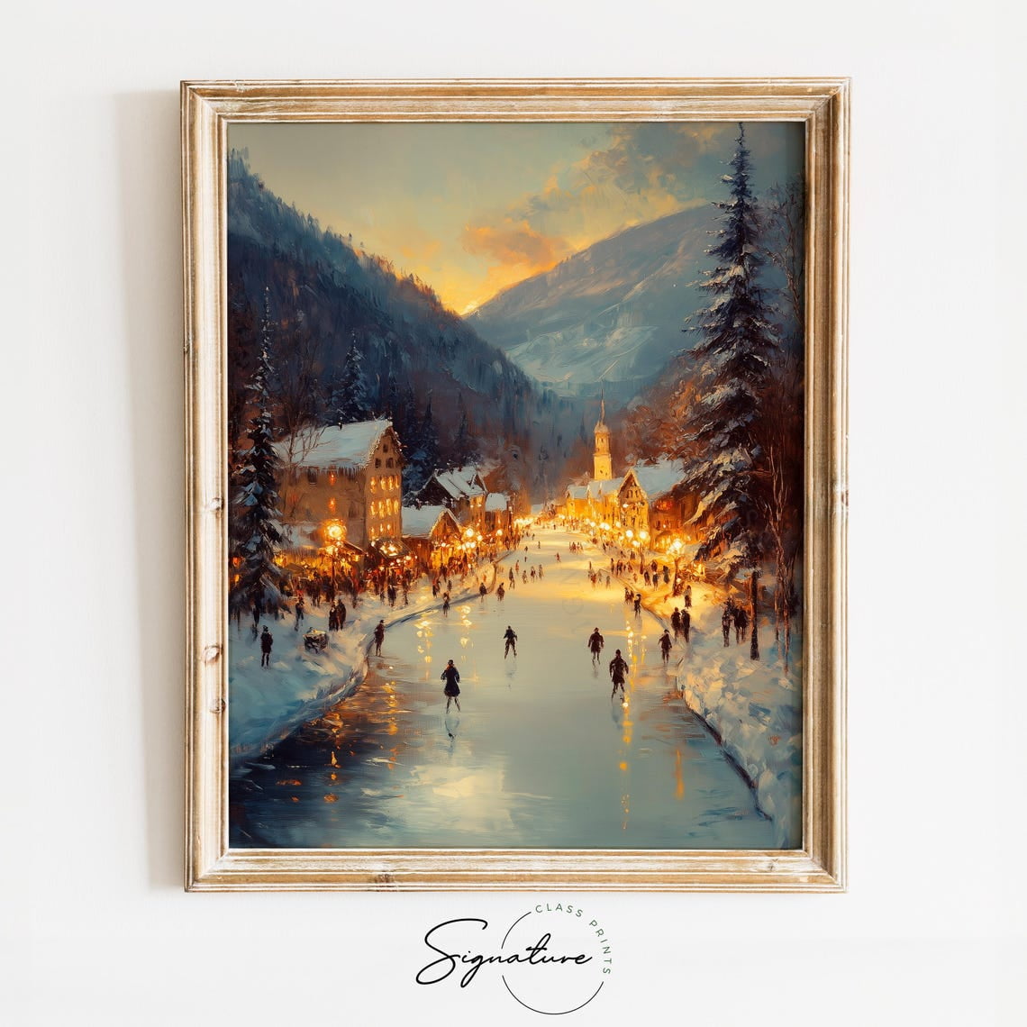 Winter Village Square With Ice-Skating Rink, Rustic Winter Holiday Wall ...