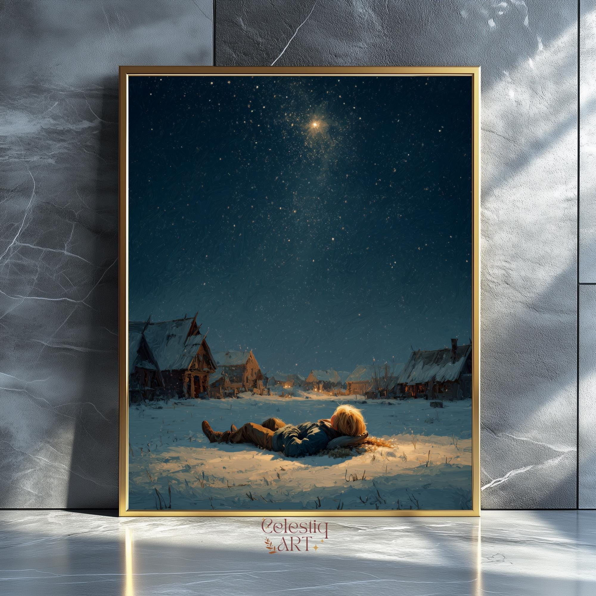 Winter Village Starry Night Art Print: Nordic Snow Scene Warm Present ...