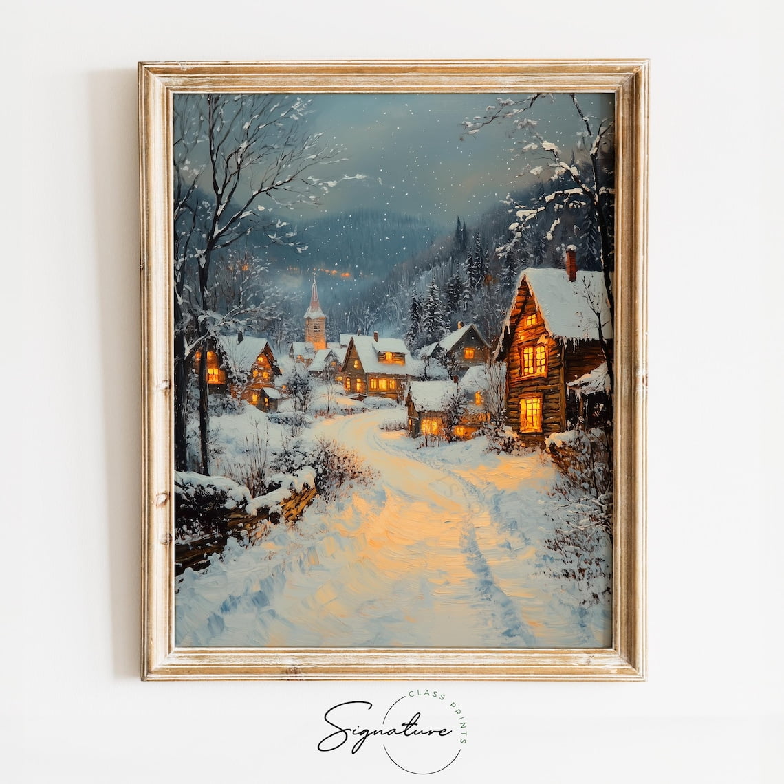 Winter Village Street With Gently Falling Snow, Rustic Winter Wall Art ...