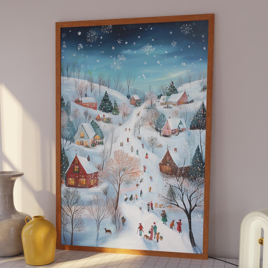 Winter Village Wall Art Print, Cozy Snowy Landscape Painting, Holiday ...