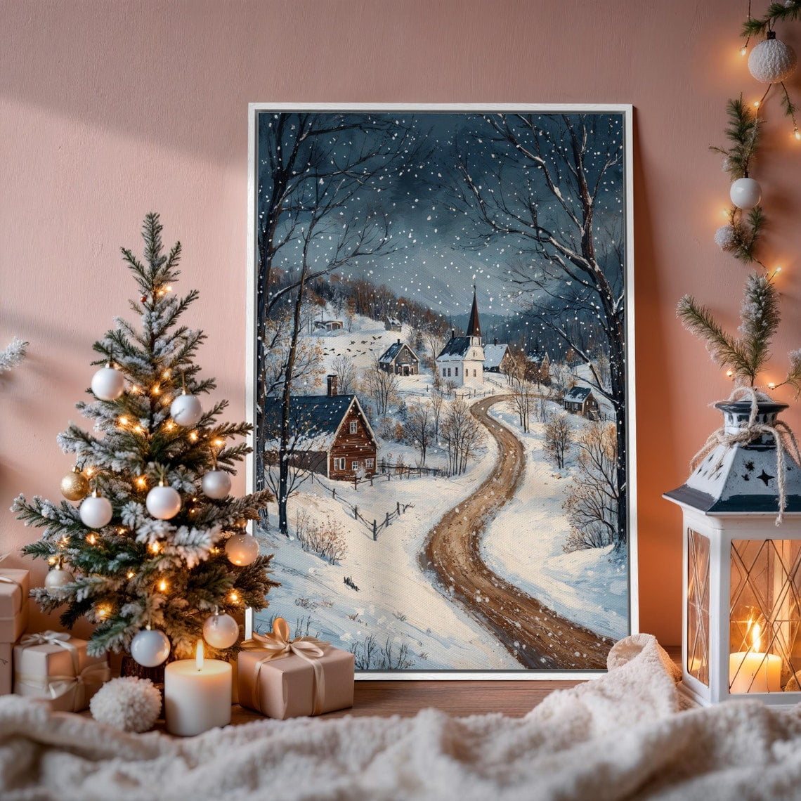 Winter Village With Snowfall Posterseason Wall Art Rustic Cabin Poster ...