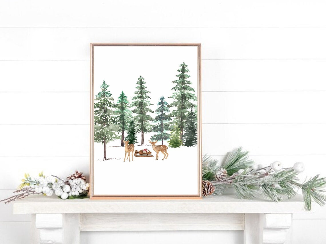 Winter Wall Art, Pine trees print, deer wall at, Winter Decor, pine ...