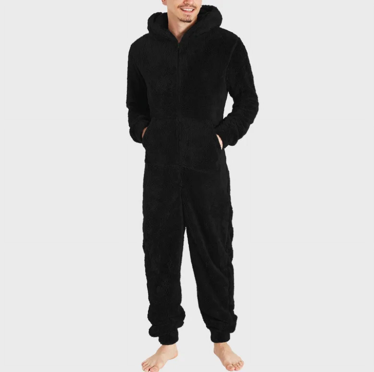Winter Warm Fleece Pajamas for Men Plush Zipper Onesie Fluffy Hooded ...