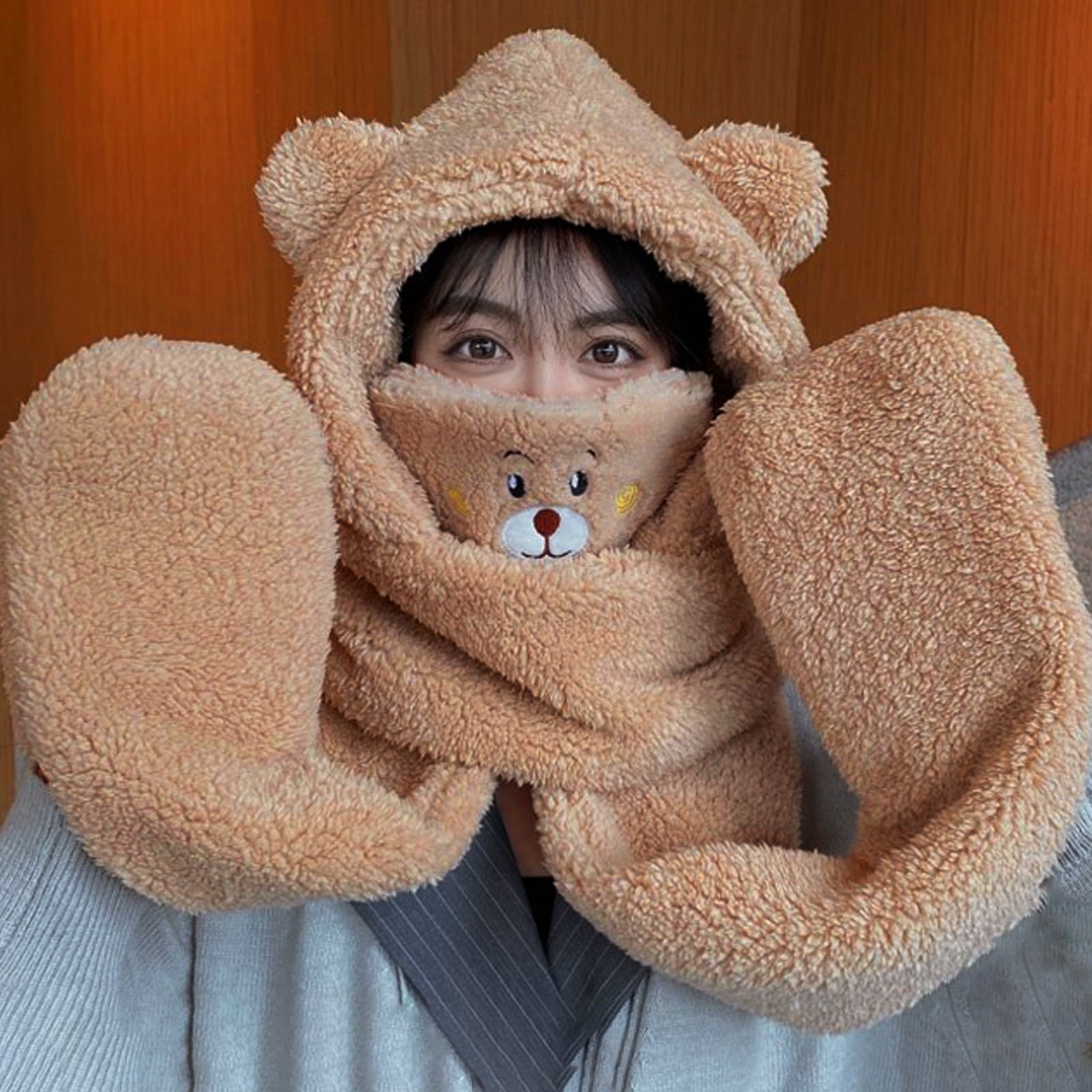 Winter Warm Hooded Hat Scarf Gloves Set 3 in 1 Soft Plush Thick Warm ...