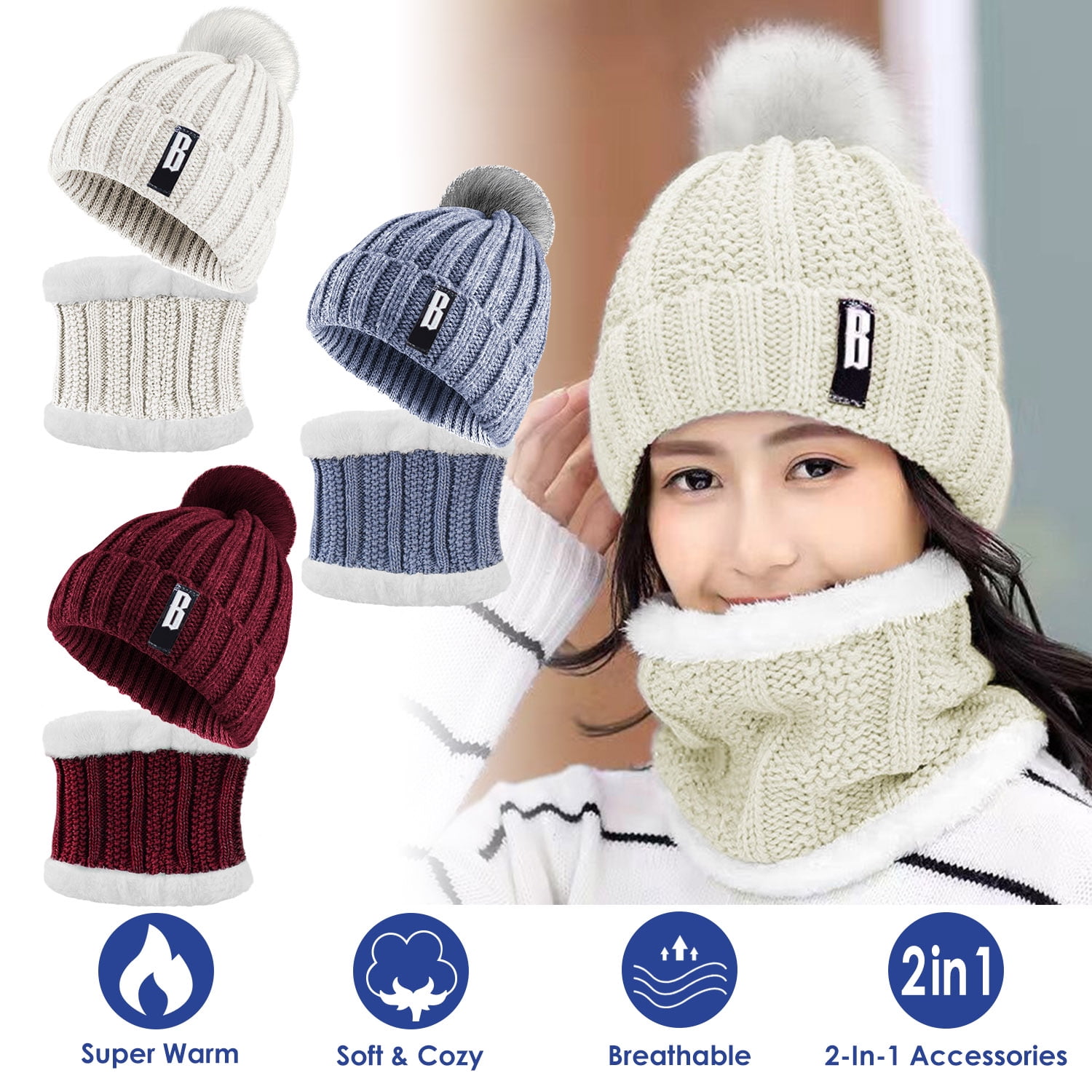 Winter Warm Knit Hat, NPolar Winter Beanie Hat Scarf Set, Knitting ...